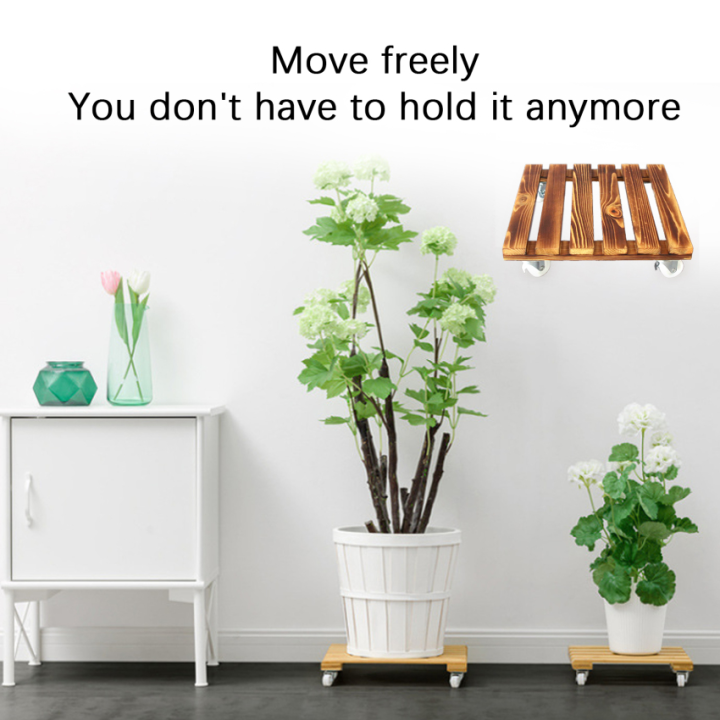 30cm Rolling Wooden Planter Caddy Potted Plant Stand With Wheels Round ...