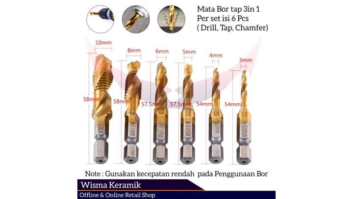 Mata Bor tap 6 Pcs, pembuat ulir drat drill tap set, Hex twist spiral ...
