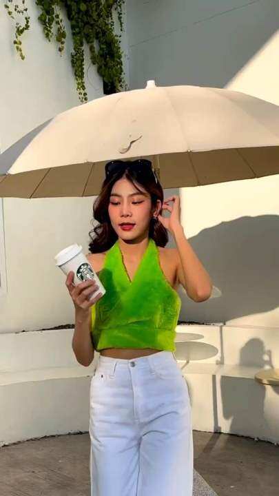 FLUR - Green Fiona Top ครอปคล้องคอขนนุ่ม | Lazada.co.th