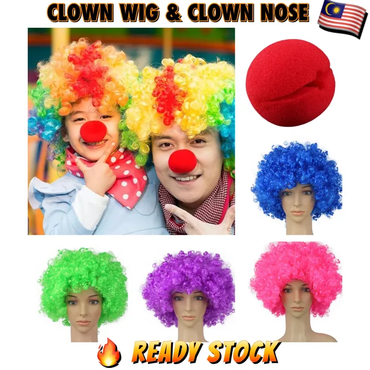 Clown wig and Clown nose. Curly Party Wig ad clown red nose. Rambut ...
