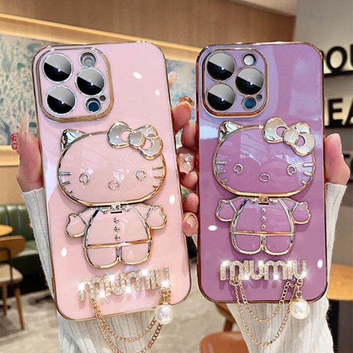 Hello Kitty Mewah Cermin Rias Berlian Liontin Mutiara Pemegang Pelapis ...