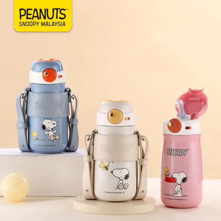 Snoopy Stainless Steel Thermos Flask with Straw and Leather Strap 450ml ...