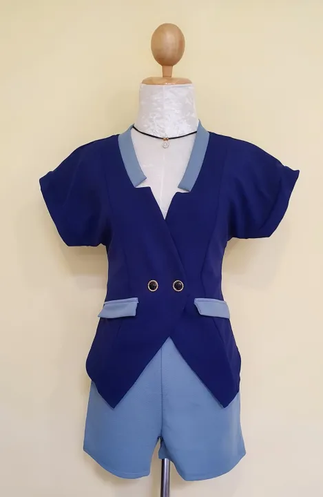 เซ็ทสั้นวูลเวฟ เสื้อป้ายหน้ากระดุมขอบทอง+กางเกง #SET0004 อก 32-37 นิ้ว เสื้อยาว 21นิ้ว กางเกงเอว ...