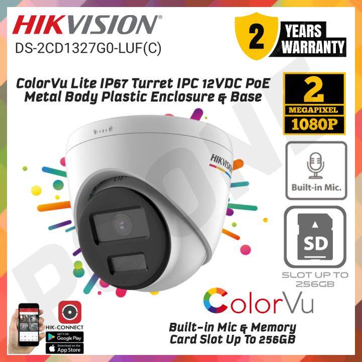 HIKVISION ColorVu Lite 2MP IP67 Turret IPC 12VDC PoE Metal Body Plastic ...