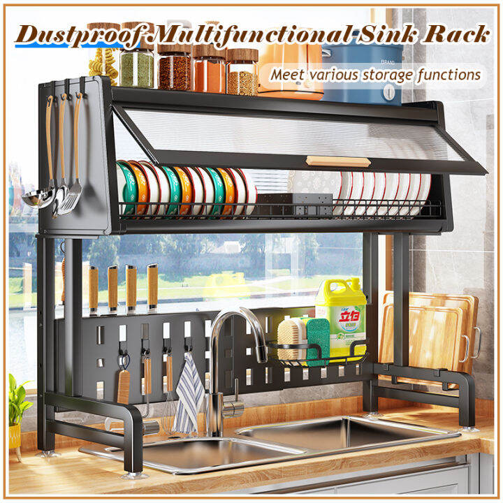 Kitchen plate organizer dish drainer rack with cover 95-105cm storage ...