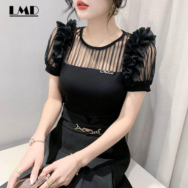 LMD เสื้อยืดแขนสั้นผ้าลูกไม้เปิดไหล่ลายตาข่ายลายทางเซ็กซี่ใหม่สำหรับฤดูร้อน2023เสื้อยืดสวยหรู ...