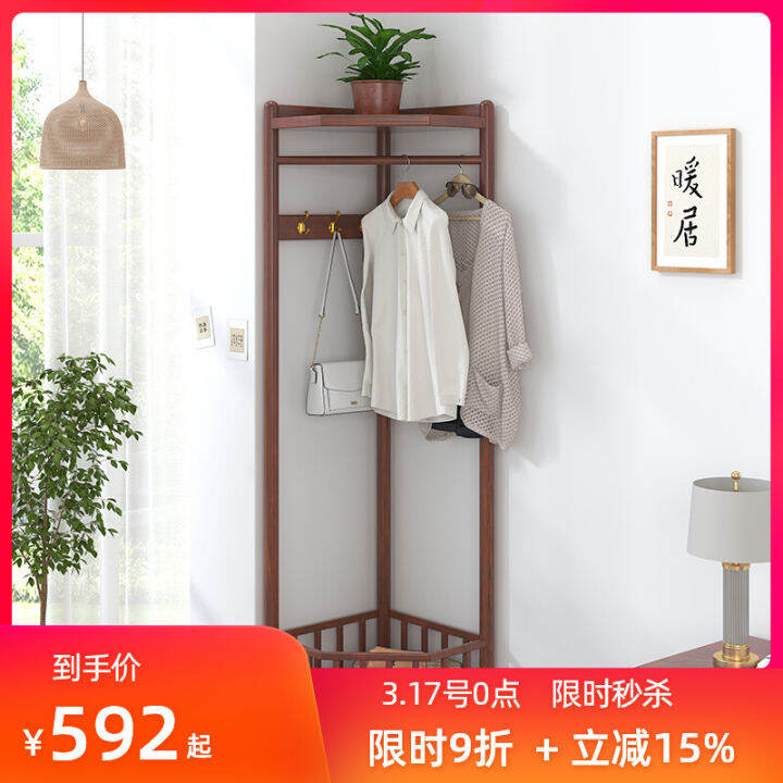 Solid Wood Corner Coat Rack Floor With Wheels Movable Living Room ...