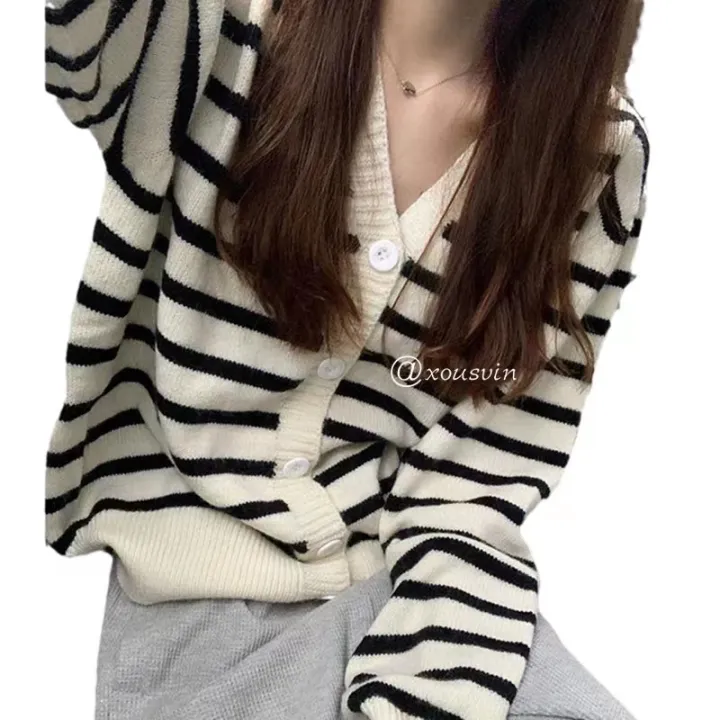 RunLi คาร์ดิแกน ผู้หญิงถักคาร์ดิแกนแฟชั่นที่เรียบง่ายเกาหลีคอวีลายหลวม ...