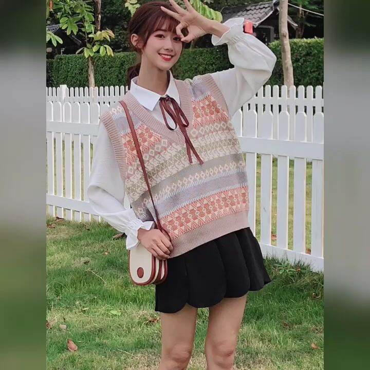 Newlan ZZ003 Rompi Rajutan Rompi rajutan V-neck gaya kampus Rompi ...