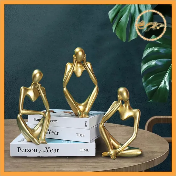 three Thinker Statue Golden Abstract Sculpture Resin Statue Collectible ...