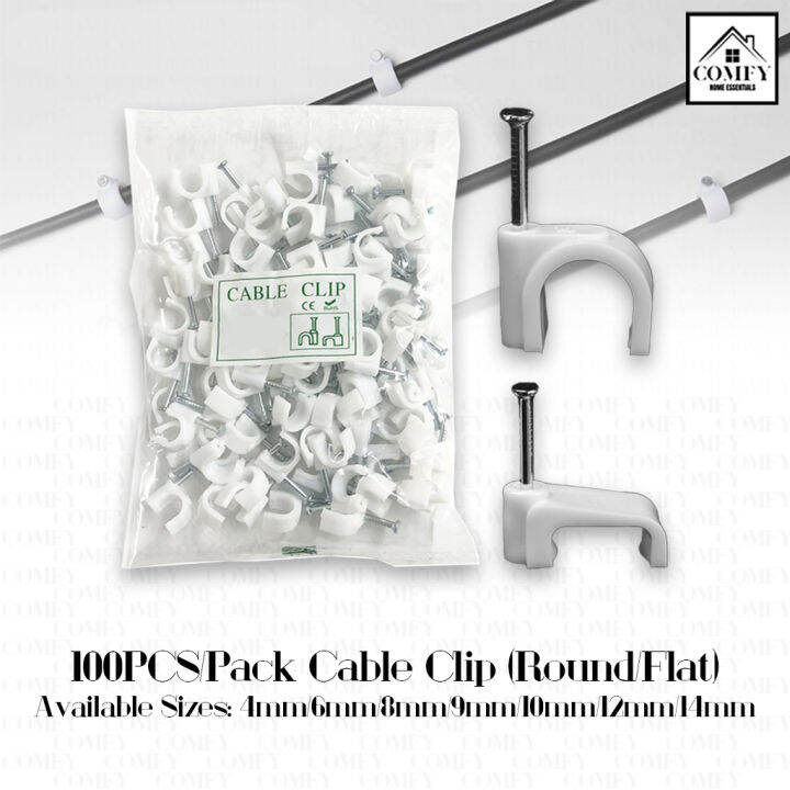 (100PCS/PACK) Cable Nail Clamp PVC Clips Ethernet LAN TV Electric Wires Organizer Round Flat ...