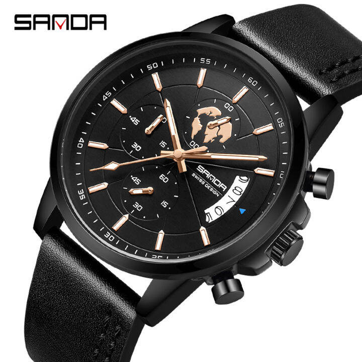 SANDA Top Luxury Brand Three Eyes Six Needle Quartz Men's Watch Fashion ...