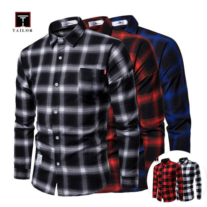 เสื้อเชิ้ตลายสก็อตสไตล์เกาหลีสำหรับผู้ชาย เสื้อเบลาส์ลำลองเสื้อแฟชั่น