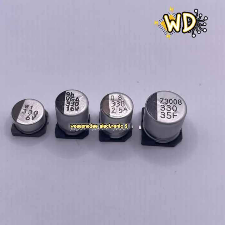10ตัว cกระป๋อง smd capacitor 330uf/6v 330uf/16v 330uf/25v 330uf/35v ...