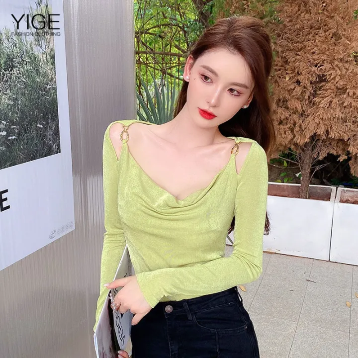 YIGE 2022ฤดูใบไม้ร่วงใหม่สไตล์สวิงคอเสื้อกันหนาวโลหะบางหัวเข็มขัดเซ็ก ...