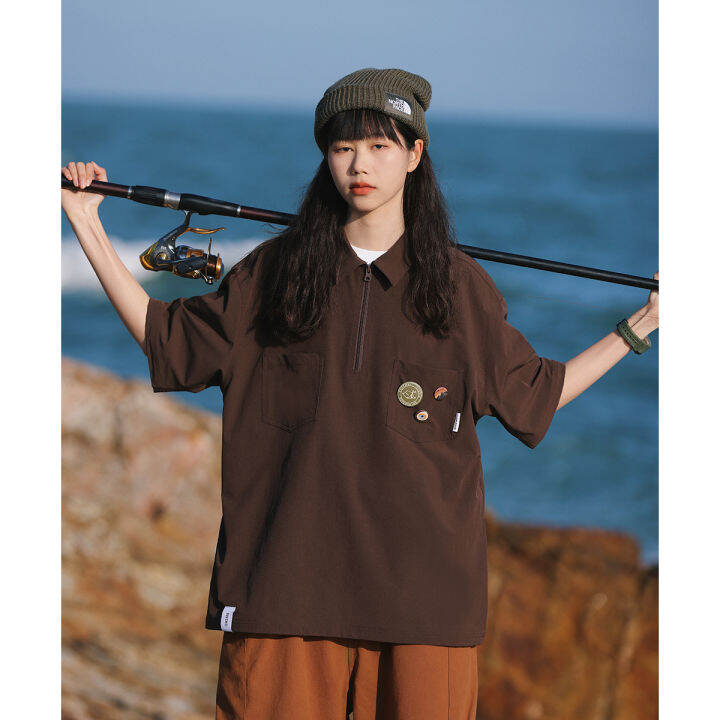 Kouemgi เสื้อเชิ้ตแนวช่างกลมีกระเป๋าหลายใบสไตล์ญี่ปุ่น AMEI เสื้อเชิ้ตแขนสั้นลำลองทรงหลวมปกแหลม ...