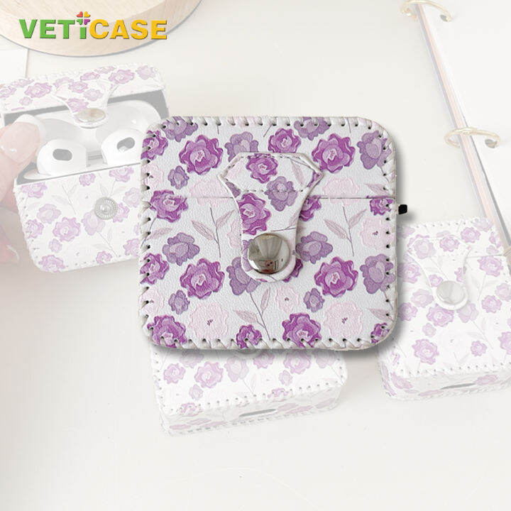 Purple Painting Flower Handmade Button Leather Airpods Case for Apple ...