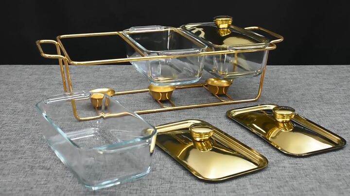 Buffet Stove Chaffing Dish Golden Rectangular Three-Grid Glass Dining ...