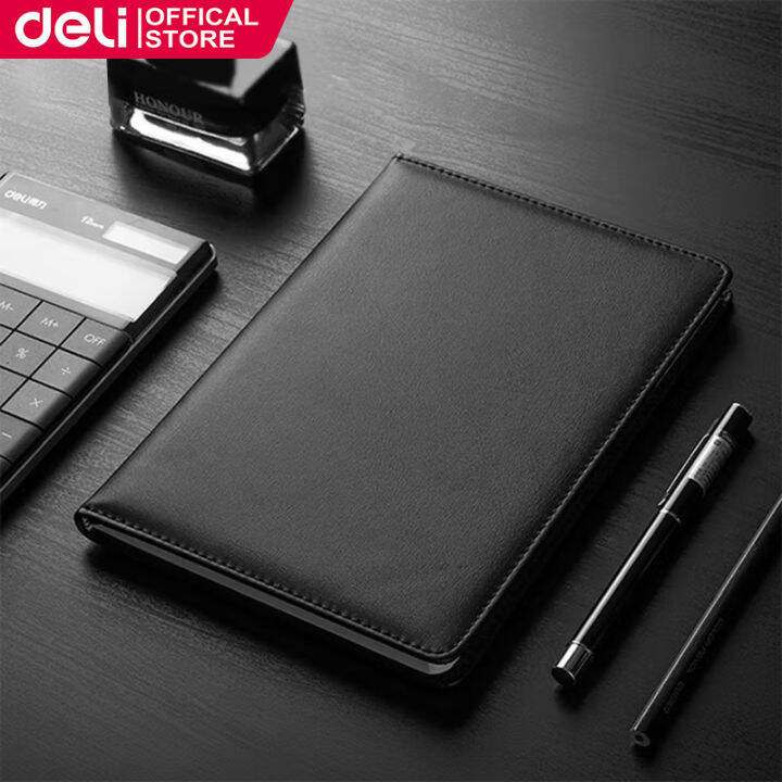 Deli 80 Sheets Notebook Leather Cover Black Super Thick Notepad 16K/25K ...