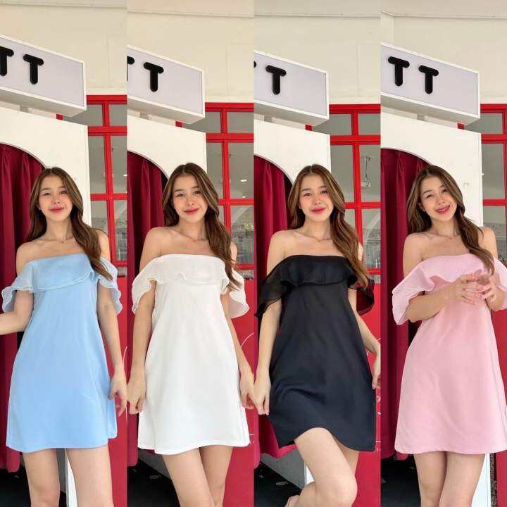 ℬ𝑒𝓇𝓇𝓎.𝒸𝓁𝑜𝓉𝒽𝒾𝓃𝑔 เดรสเกาะอก แต่งปาดไหล่ผ้าแก้ว ซิปข้าง หลังสม็อค ป้าย ...