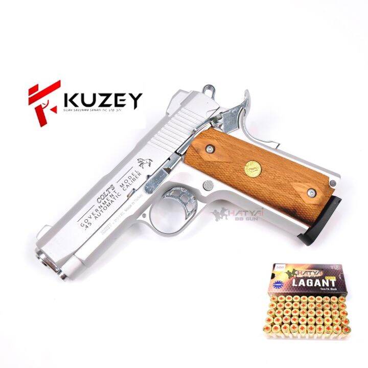 แบลงค์กัน KUZEY M1911 4" ลาย Colt .45 100 Years สีเงินด้าน ด้ามไม้แท้ แถมลูก 10 นัด ผู้ซื้อต้อง ...
