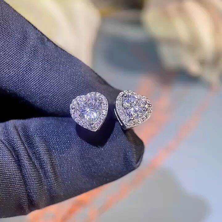 (เพชรแท้ 100%) S925 เงินสเตอร์ลิงต่างหูหญิง pt950 ชุบทองคำขาวต่างหูสตั๊ดรูปหัวใจต่างหูเพชร ...