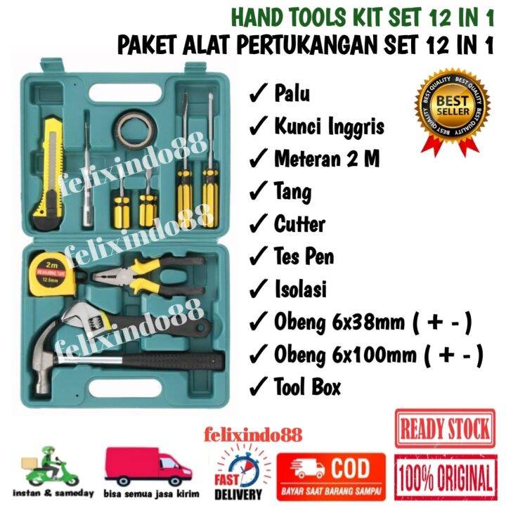 TOOL KIT SET 12 IN 1 / PERKAKAS / ALAT TUKANG BOX / PALU / TANG / OBENG ...