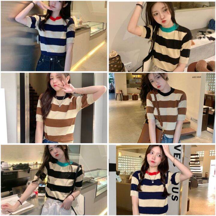 tt Shopพร้อมส่งเสื้อไหมพรมคอกลมแขนสั้น ลายทาง | Lazada.co.th