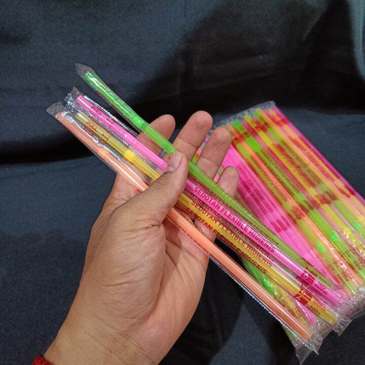 Sedotan fleksibel Neon [isi 100 pcs] Sedotan Bengkok warna warni ...
