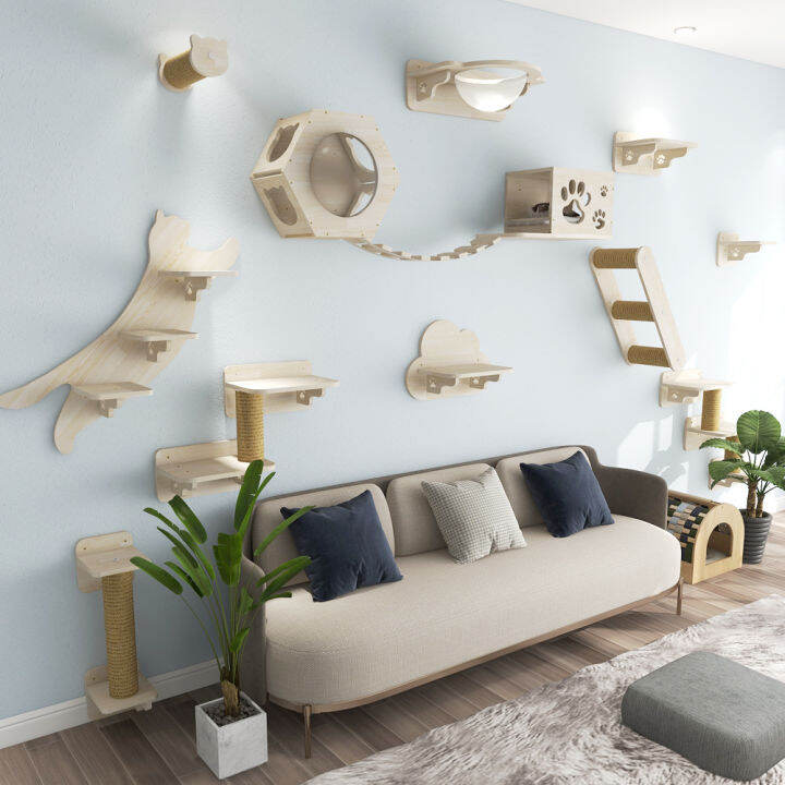 Wall-Mounted Cat Climbing Frame Wall-Mounted Solid Wood Cat Wall ...