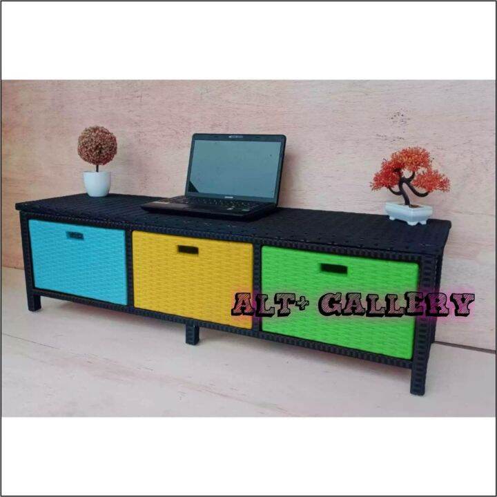 RAK ROTAN SINTETIS 3 KOTAK LACI SAMPING RANGKA HITAM Murah / Buffet ...