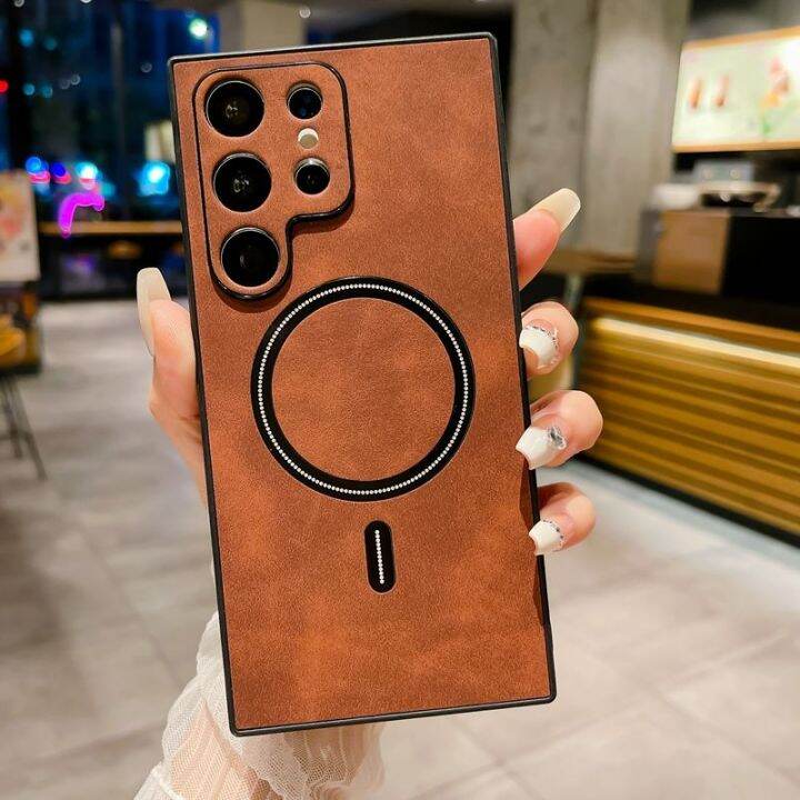 หนังแกะหรูหราวินเทจเคสแม่เหล็กไร้สายสำหรับ Magsafe สำหรับ Samsung Galaxy S23 S21 S22พิเศษบวก S22 ...