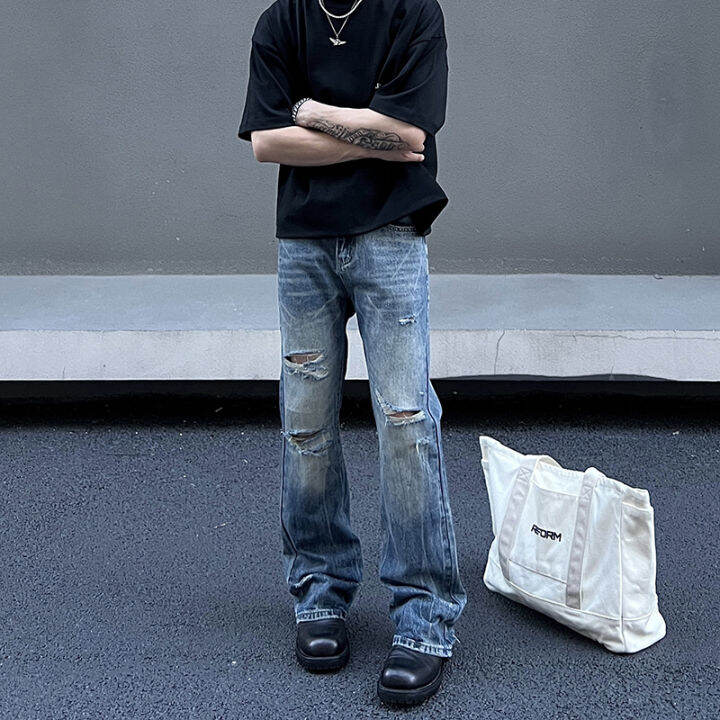 Blaexit กางเกงยีนส์แต่งขาดทรงกระดิ่งเล็กน้อยแบบซักด้วยน้ำสไตล์อเมริกัน ...