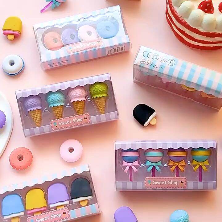 4 Pieces /Pack Cute Dessert Eraser Set Wholesale Eraser Creative Pencil ...