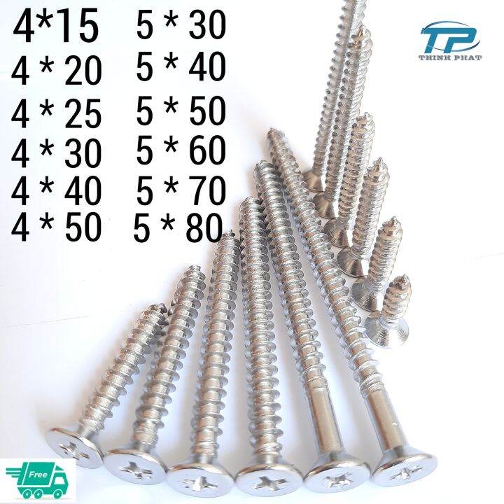 20 con vít inox 304 đầu bằng ren thưa đường kính 4 hoặc 5mm tùy chọn ...