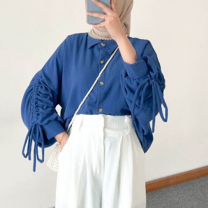 KEMEJA CROP TOP LENGAN SERUT BAHAN CRINCKLE PREMIUM ATASAN CROP TOP ...