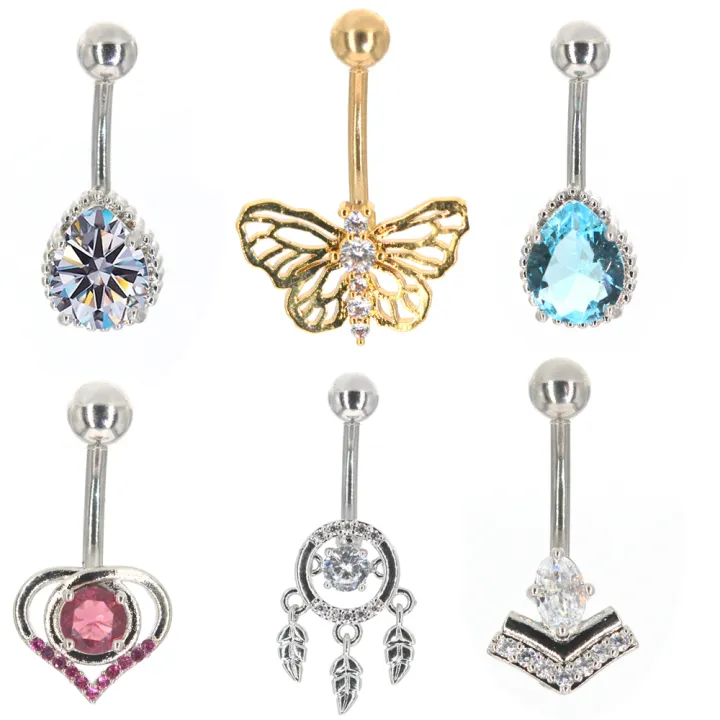 1Pc เหล็กผ่าตัดสีเงิน Belly ปุ่มบาร์ Tear Drop Navel Piercing แหวน Cz ...
