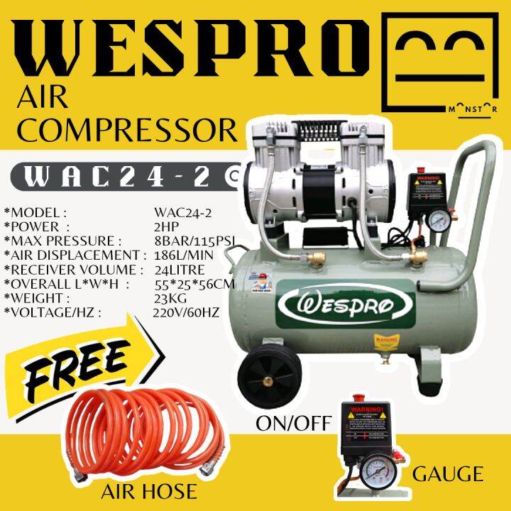 WESPRO Air Compressor 2hp (WAC24-2) Oil less & Silent type W/ Free 5m ...