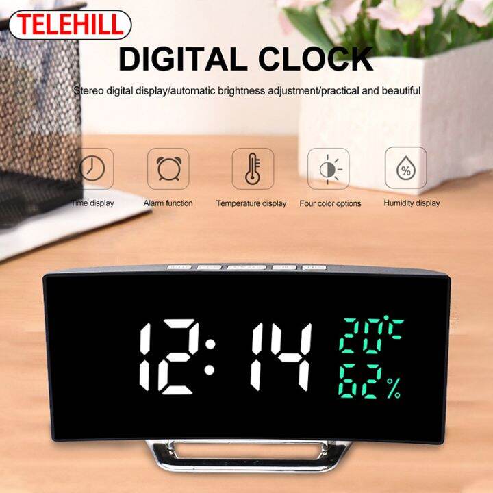 Curved Screen LED Digital Alarm Clock Time/Date/Temperature/Humidity Display 12/24h 3-Alarms ...