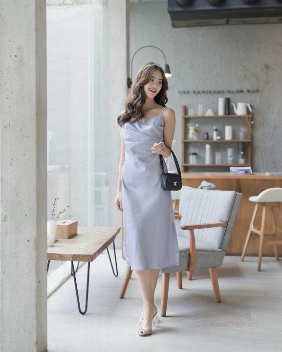 Lady MADE Kloset เดรสออกงานสีฟ้าอมม่วง คอเว้า ดีเทลล์พับ ผ้าซาติน LT003 ชุดสวยมากตรงปก! | Lazada ...