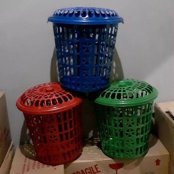 kerajang laundri bulat tutup / keranjang baju kotor / kerajang seba ...