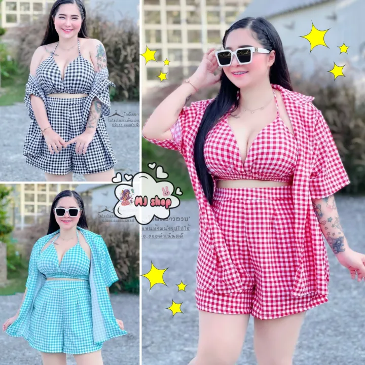 C969 เซ็ตสก็อตsummer เซ็ท3ชิ้น ชุดเซ็ทสาวอวบ เสื้อผ้าสาวอวบ เสื้อผ้าคนอ้วน ชุดเซ็ทผู้หญิง เสื้อ ...