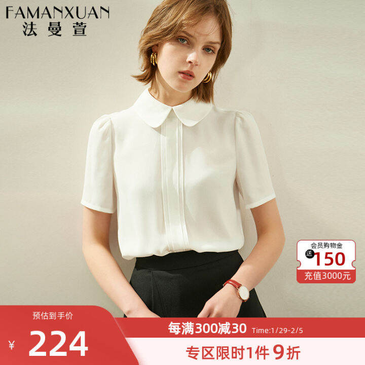 Faman Xuan เสื้อเชิ้ตสีขาวผู้หญิงแขนสั้นเสื้อเชิ้ตผ้าชีฟองคอปกตุ๊กตาแข ...