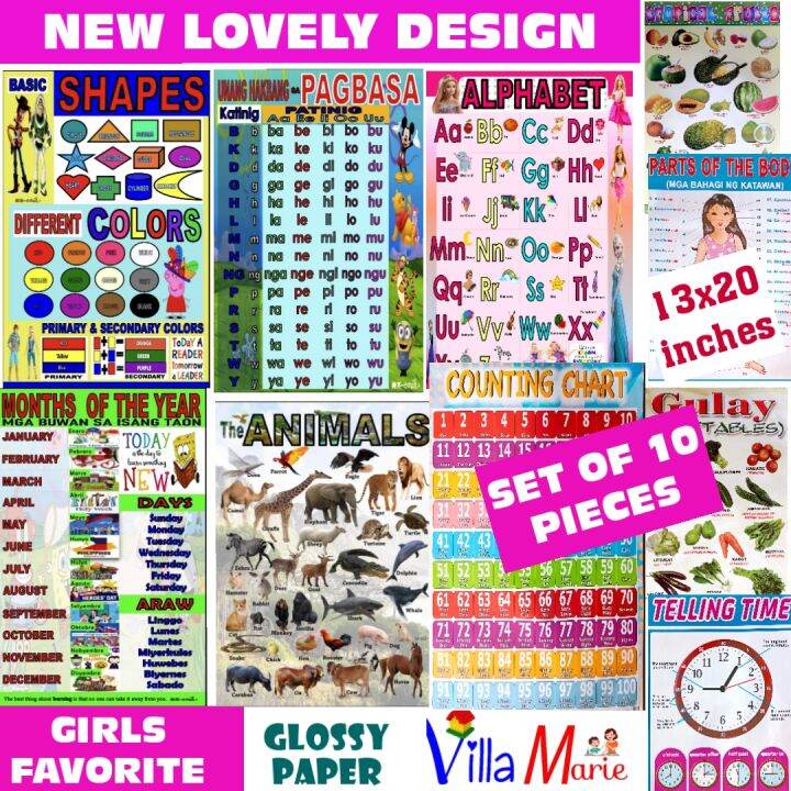 GIRLS FAVORITE 10 EDUCATIONAL CHARTS SET UNANG HAKBANG sa Pagbasa ABC ...