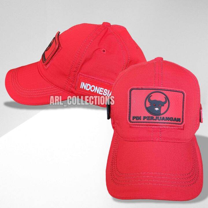 topi bdu tactical merah plus 3 patch rubber logo partai pdi perjuangan ...