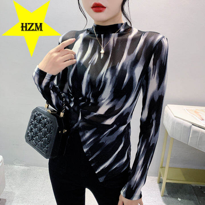 HZM 2023ย้อนยุคสไตล์ฮ่องกงอารมณ์กึ่งเสื้อยืดคอเต่าของผู้หญิงชุดเดรสเข้ารูปและบางแขนยาว | Lazada ...