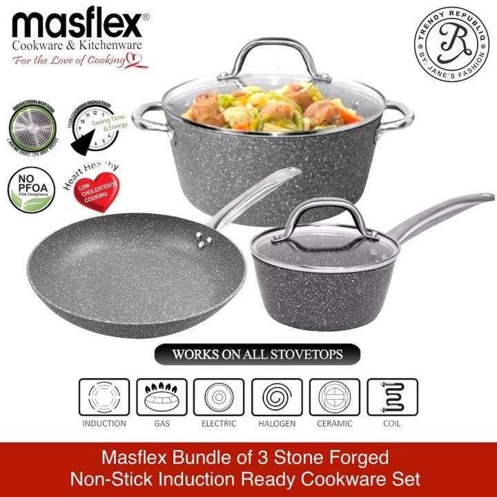 Masflex Original Bundle of 3 Stone Design Non-Stick Cookware Set ...