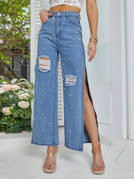 Pearl ripped split jeans | Lazada PH