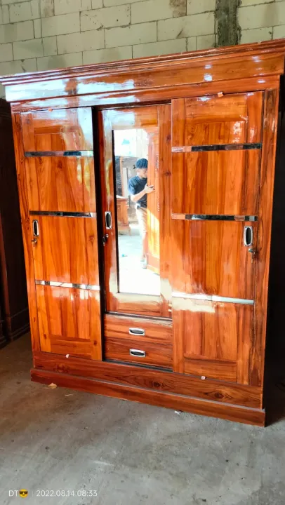 lemari pakaian 3 pintu sliding kayu jati finishing plitur / lemari baju kayu jati | Lazada Indonesia