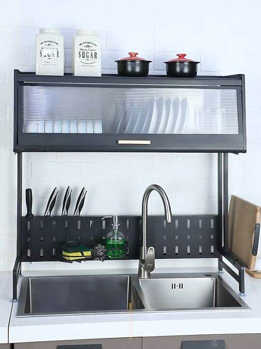 Kitchen plate organizer dish drainer rack with cover 59-84cm adjustable ...